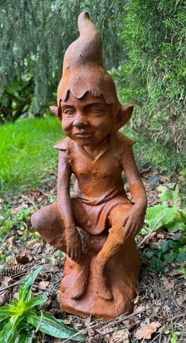 Cast Iron Seated Pixie Elf Goblin Gnome - Outdoor Garden Statue ...