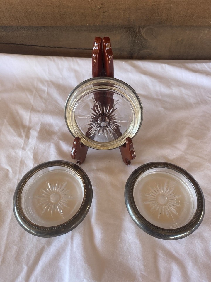 3 Vintage Sunburst Coasters Leonard Glass & Silverplate Stackable MCM ...