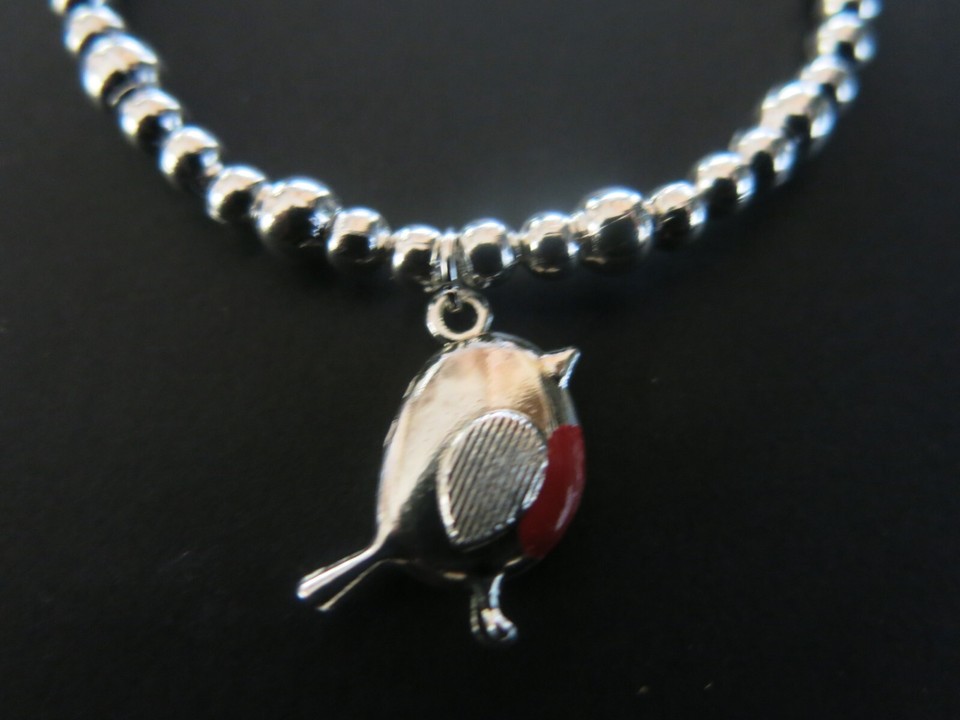 chunky silver plated beaded red enamel robin bracelet handmade + gift ...