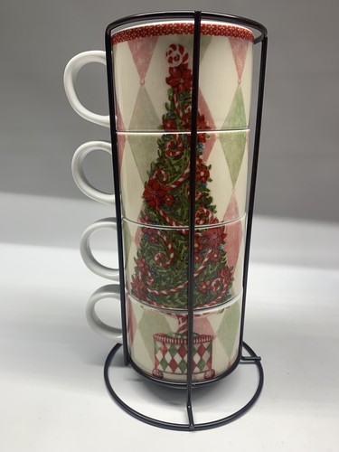 Pier 1 One Holiday Christmas Tree Stackable Mugs (4) Cups Metal Display ...