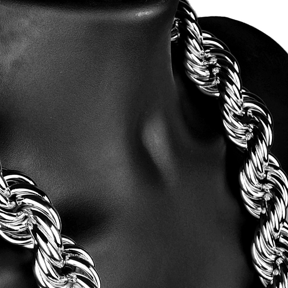 Mens Huge Rope Hip Hop Chain 30MM x 30" Inch Silver Tone Hollow Dookie ...