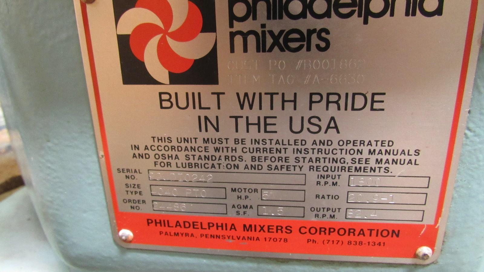PHILADELPHIA CENTER MOUNT 4040 PT0 GEAR MIXER AGITATOR 5 HP 20.9:1 ...