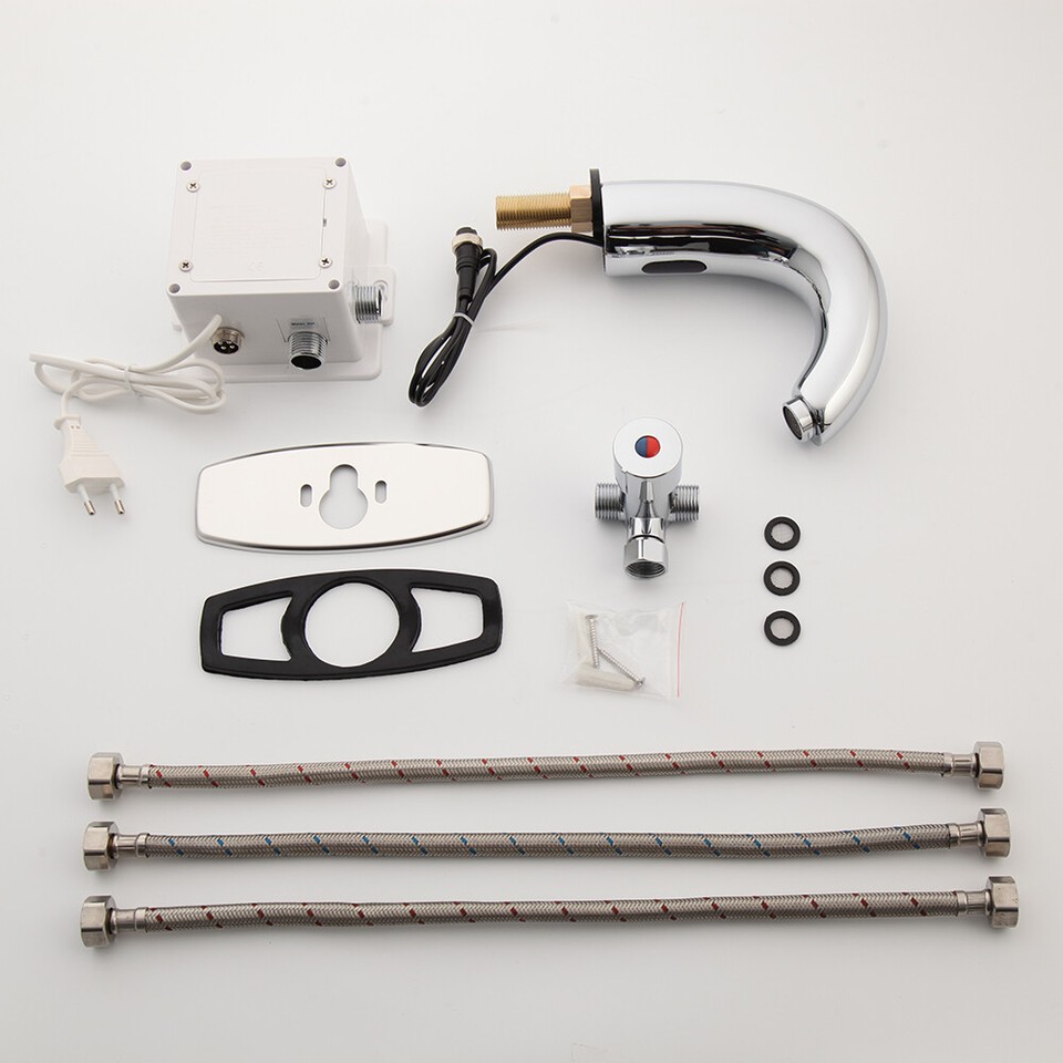 Chrome Bathroom Faucet Automatic Free Touchless Sensor Mixer Deck Mount ...