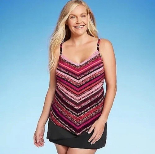 Women's UPF 50 V-Neck Angled Tankini Top- Aqua Green® Pink Striped Swim ...