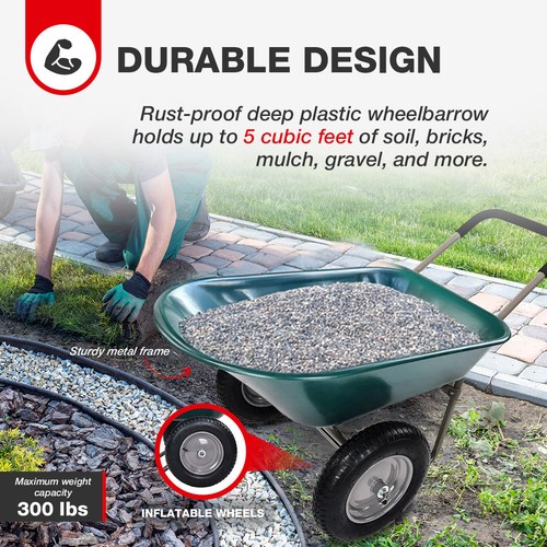 Elevon 2 Wheel Utility Wheelbarrow, Yard Cart w/ Built-in Stand, Green ...