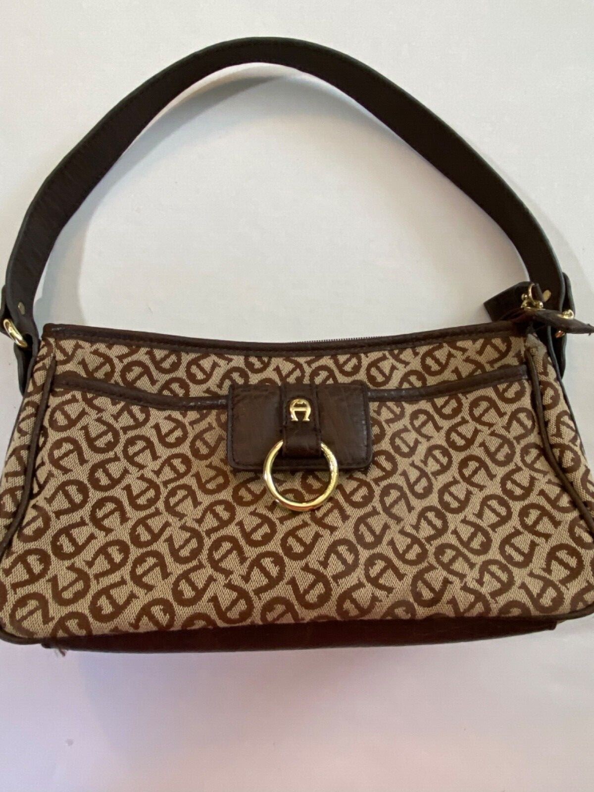 Etienne Aigner Logo Brown Shoulder Purse Leather and Canvas Women's ...