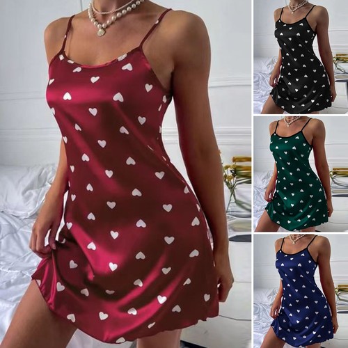Heart Print Women Lady Pajamas Nightdress Nightie Mini Dress Nightwear ...