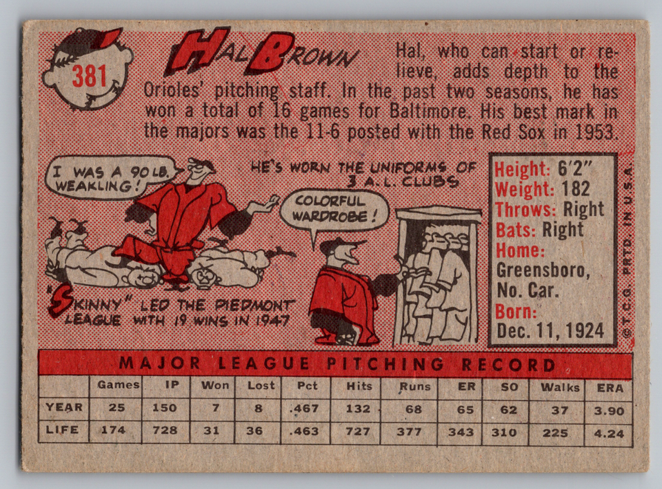 1958 TOPPS #381 HAL BROWN ORIOLES | eBay