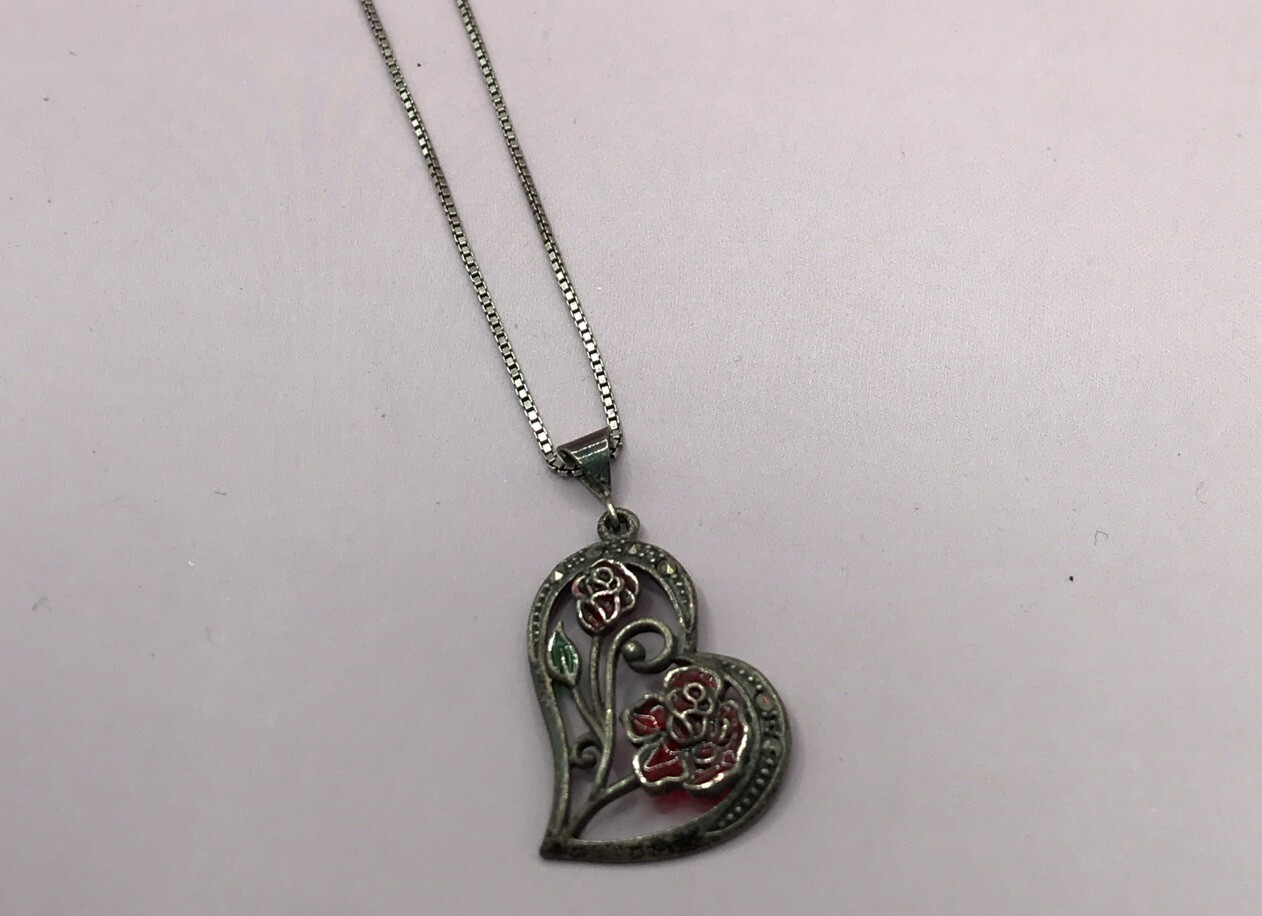 Sterling Silver Red Rose Slanted Heart Necklace Green Stained Glass 18 ...