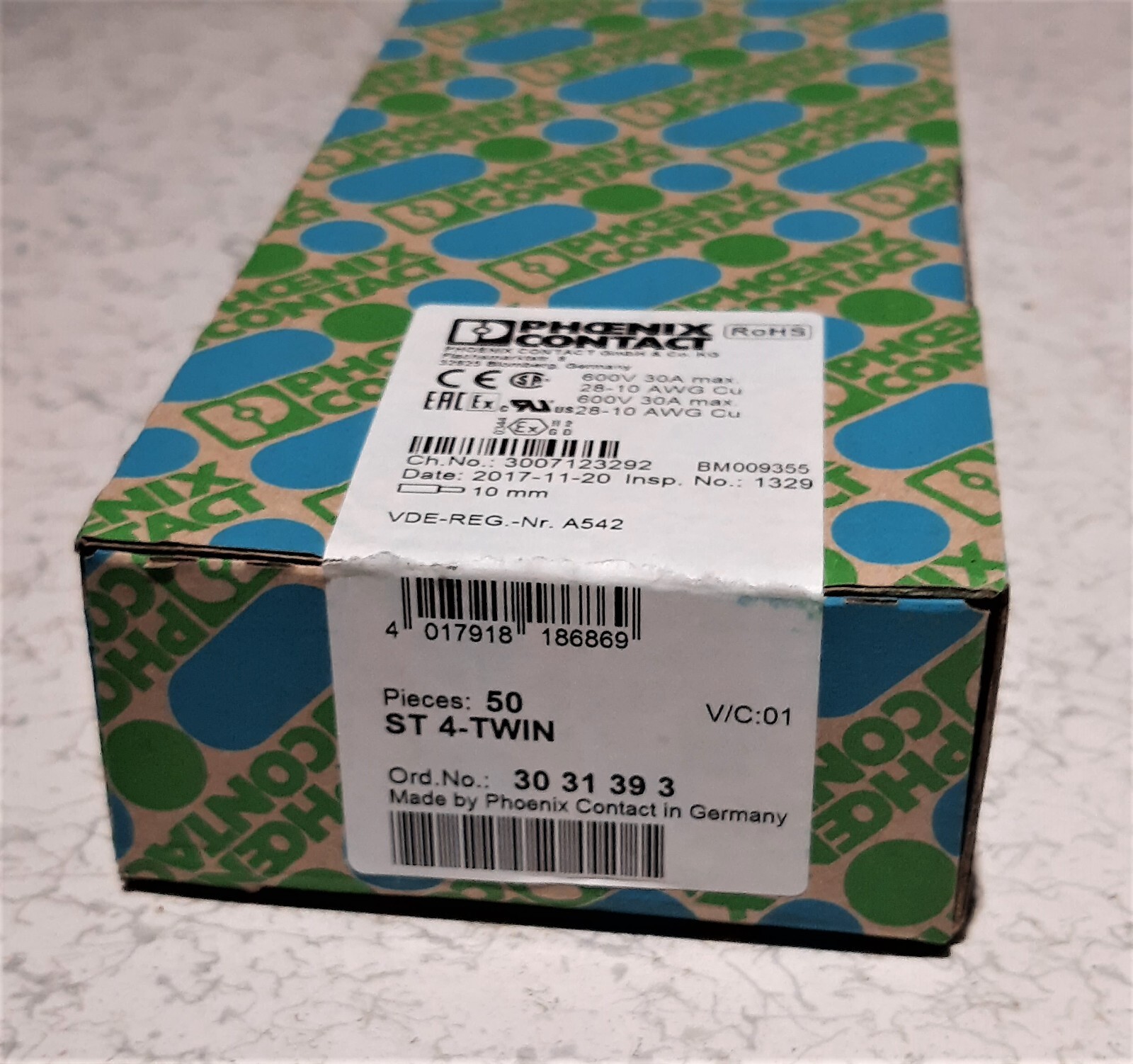 50Pieces of Phoenix 3031393 ST 4-TWIN DIN Mount Feed Through Terminal ...