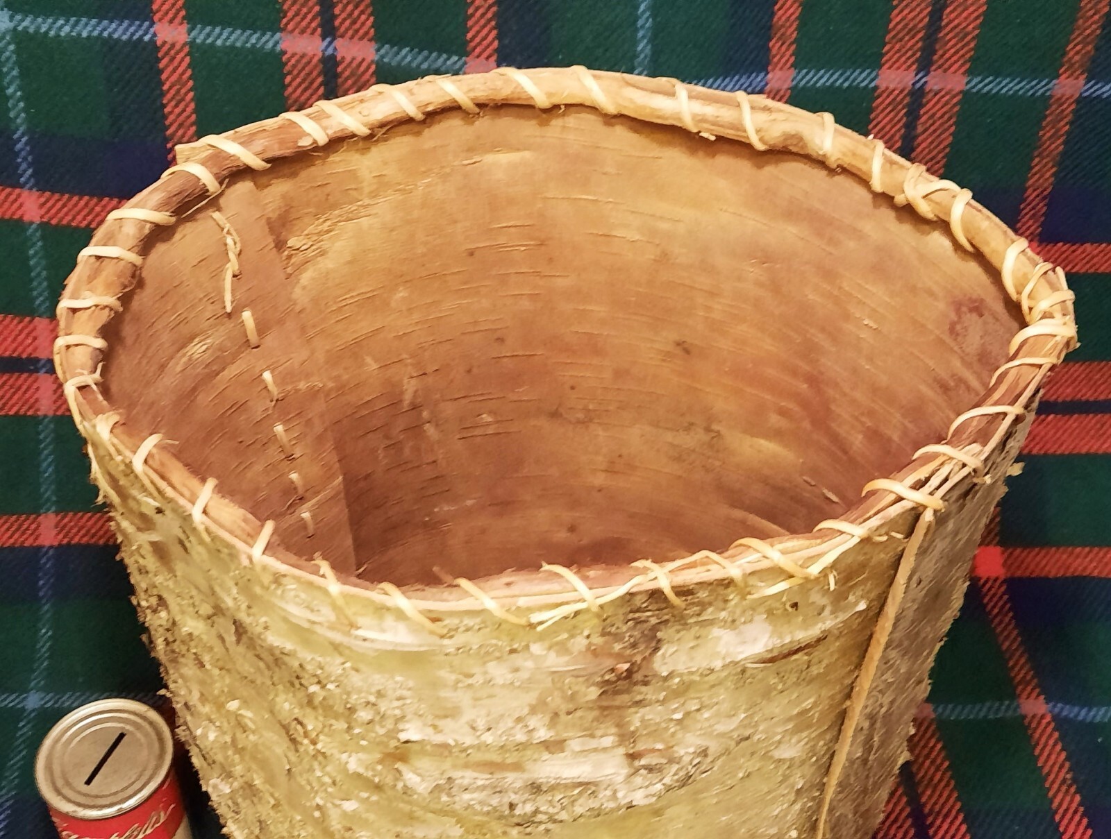 LARGE birch bark basket vtg log cabin decor wood tree wastepaper art ...