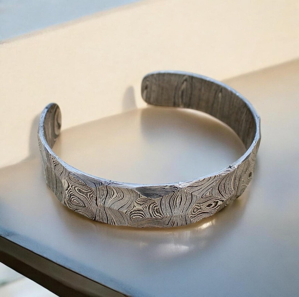 Damascus Hammered Bangle Hand Forged Steel Cuff Bracelet Viking Modern ...