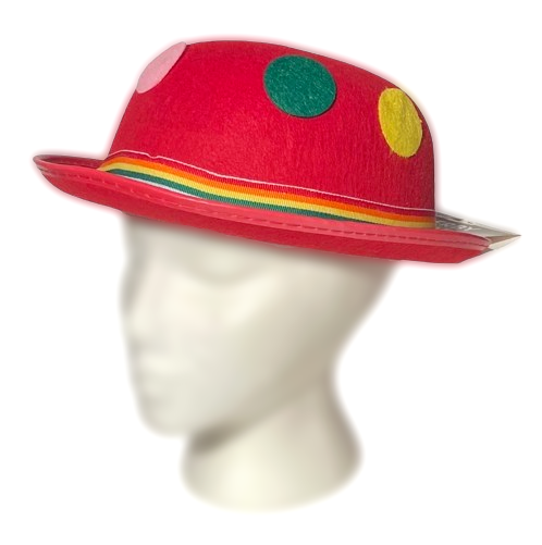 RED CLOWN POLKA DOT DERBY HAT Costume Cap Stiff Felt Funny Adult Bowler ...
