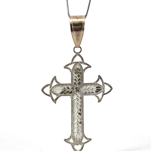 Sterling Silver Large Etched Design Cross Pendant - Gem