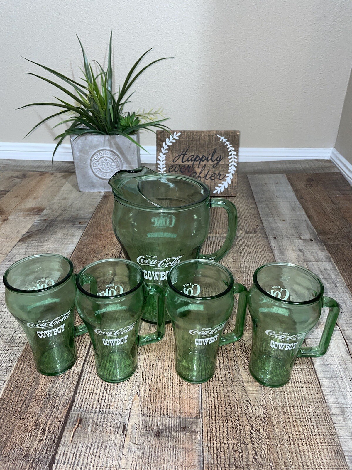 Vintage Whataburger Coca Cola Cowboy Green Glass Pitcher 64oz Set With ...