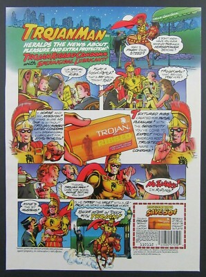 1991 TROJAN Ribbed Latex Condoms TROJANMAN Comic Style Magazine Ad | eBay