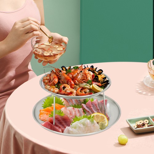 2 Tier Food Serving Riser Seafood Plate Round Plate Rack Silver Tray ...