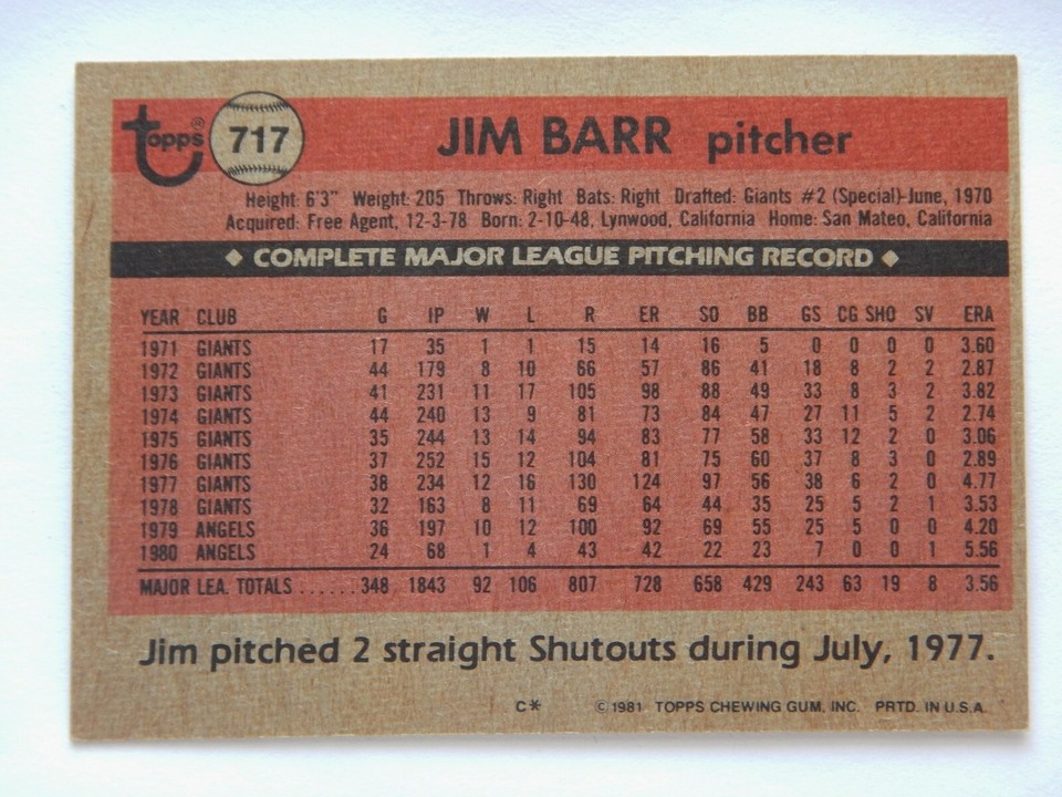Jim Barr #717 Topps 1981 Baseball Card (California Angels) VG | eBay