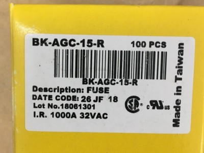 100 NEW SEALED BOX OF BK-AGC-15-R Cooper Bussmann Fuse 15A 32V | eBay