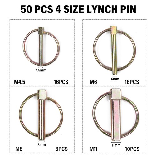 50 PC Lynch Pin Clip Assortment Grab Kit 4.5mm-11 mm Tractor Implement ...