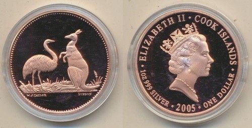 Cook Island: 2005 $1 Kangaroo & Emu Tradesmen's Token 1oz 999 Silver ...