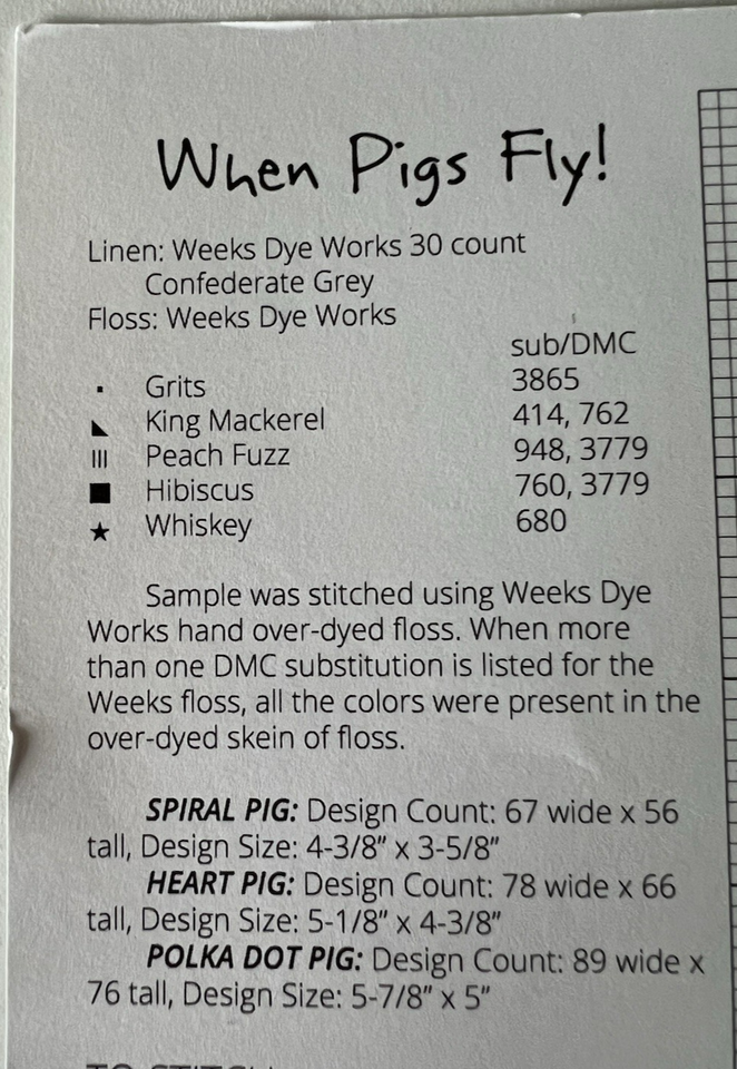 Sam Sarah Counted Cross Stitch Chart When Pigs Fly! w/Button Pack 30Ct ...