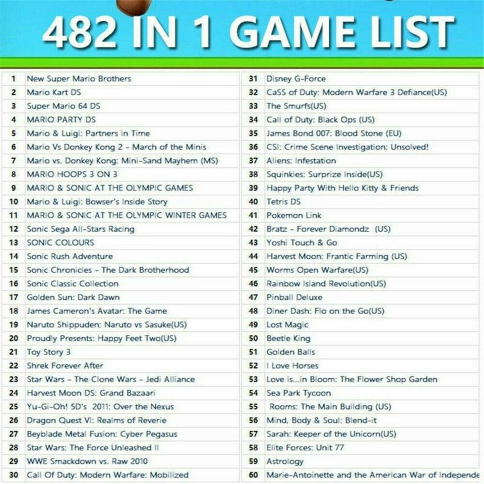 482 in 1 Combo Games Cartridge Collection for Nintendo DS NDS 3DS 3DSLL ...