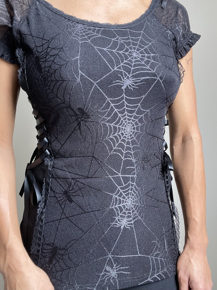 Lost Queen Goth Emo Spooky Spider & Spiderweb Black Mesh Lace up Top | eBay