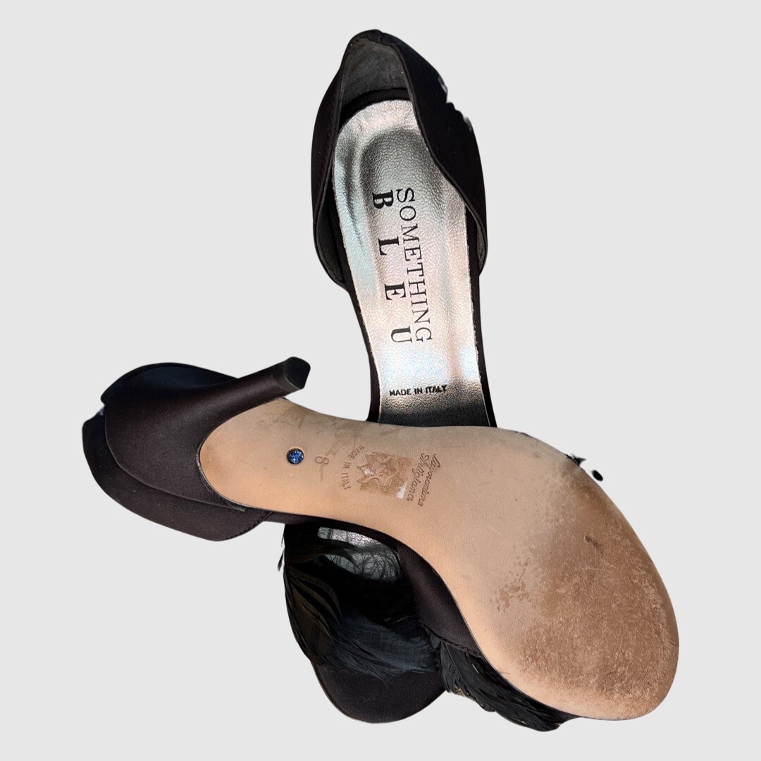 Something Bleu Black Peep Toe Feather Stiletto Pumps US6 ($455) | eBay