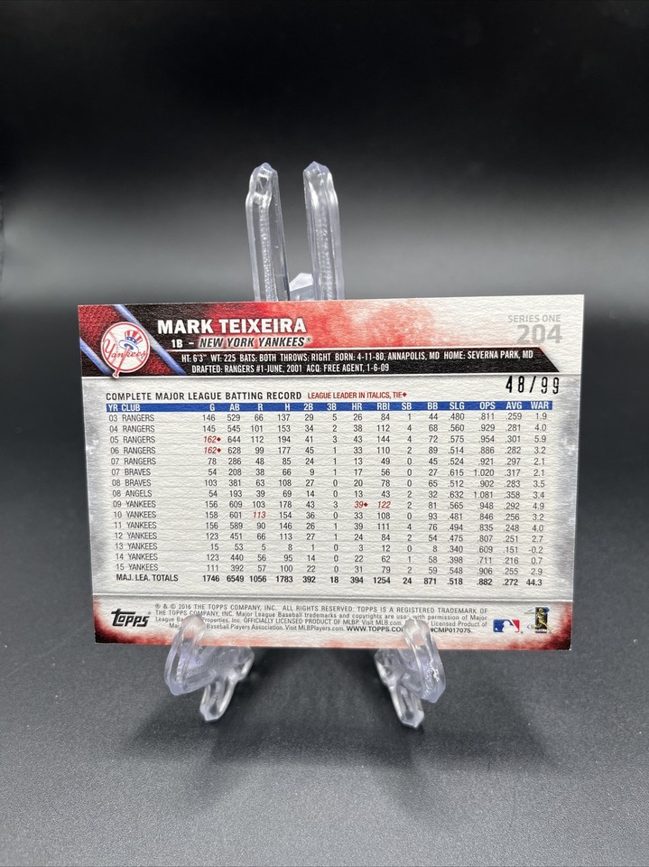 2016 Topps MARK TEIXEIRA -NY Original Topps Logo #204 - Limited #48/99 ...