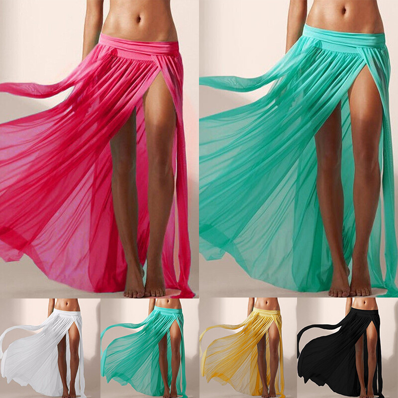 ☆Women Summer Long Skirt Sexy Side Slit Beach Solid Color Drop Net Yarn ...