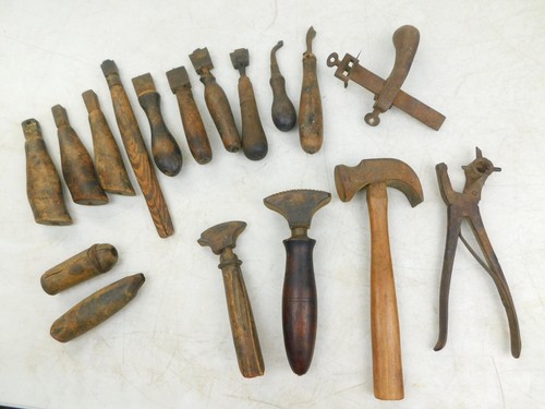 17 PC 1800s Antique Cobbler Tack Leather Hand Tools Hammer Forged Wood ...