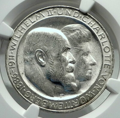1911 GERMANY German State King Wurttemburg Silver 3 Mark Coin NGC MS 64 ...