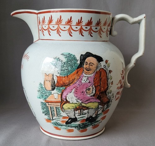 LARGE PEARLWARE TOBY & FARMERS ARMS JUG NAMED MARY CASTON MIDDLEWICH ...