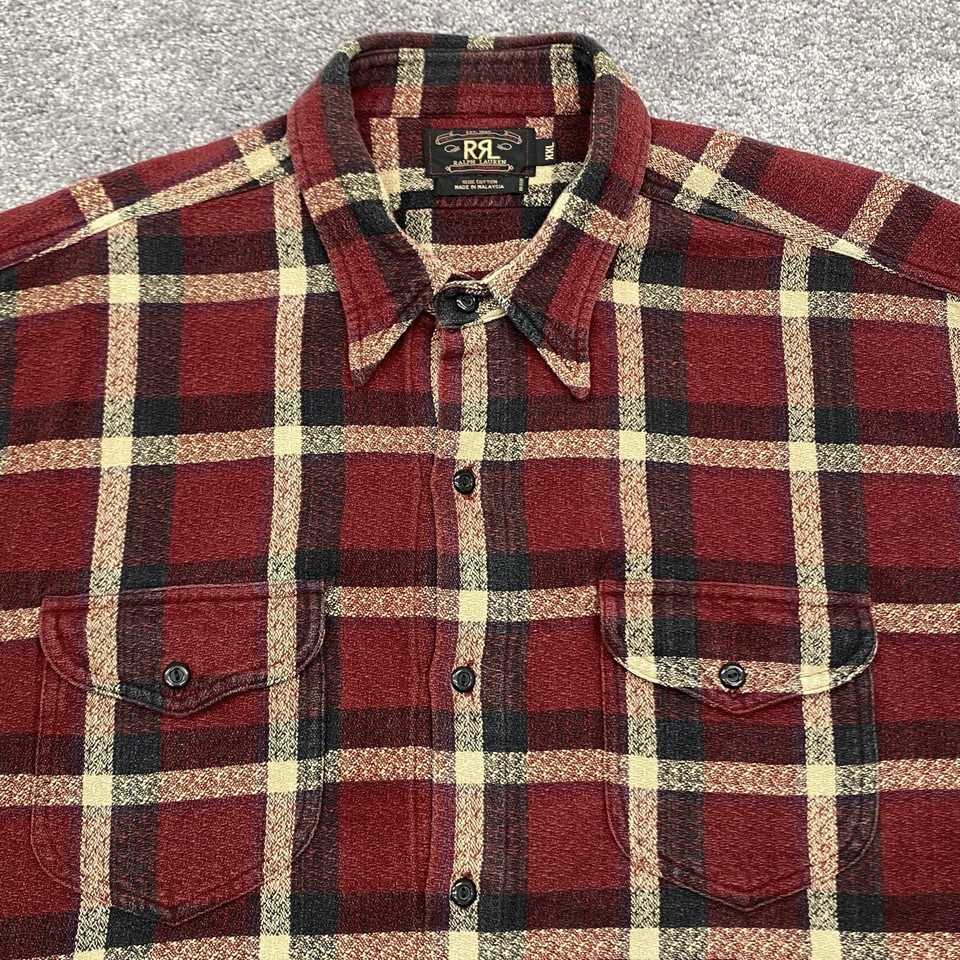 RRL Ralph Lauren Flannel Shirt Men's XXL Red Tartan Plaid Heavy Camping ...