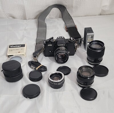 Vintage Yashica FR Camera w/ 4 Lenses KAKO 818 Flash Vivitar Skylight ...