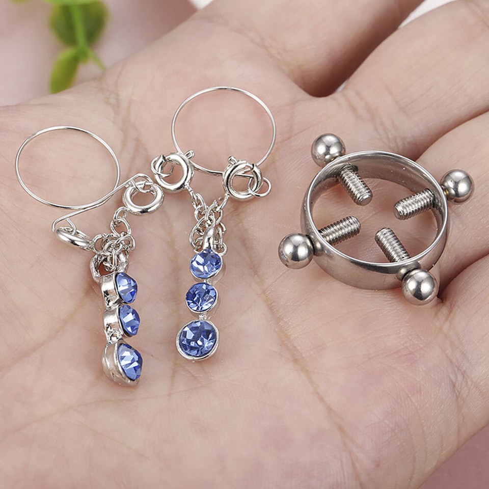 6 Pair Safety Fake Nipple Rings Women Non-Piercing Dangle screw Clip On ...
