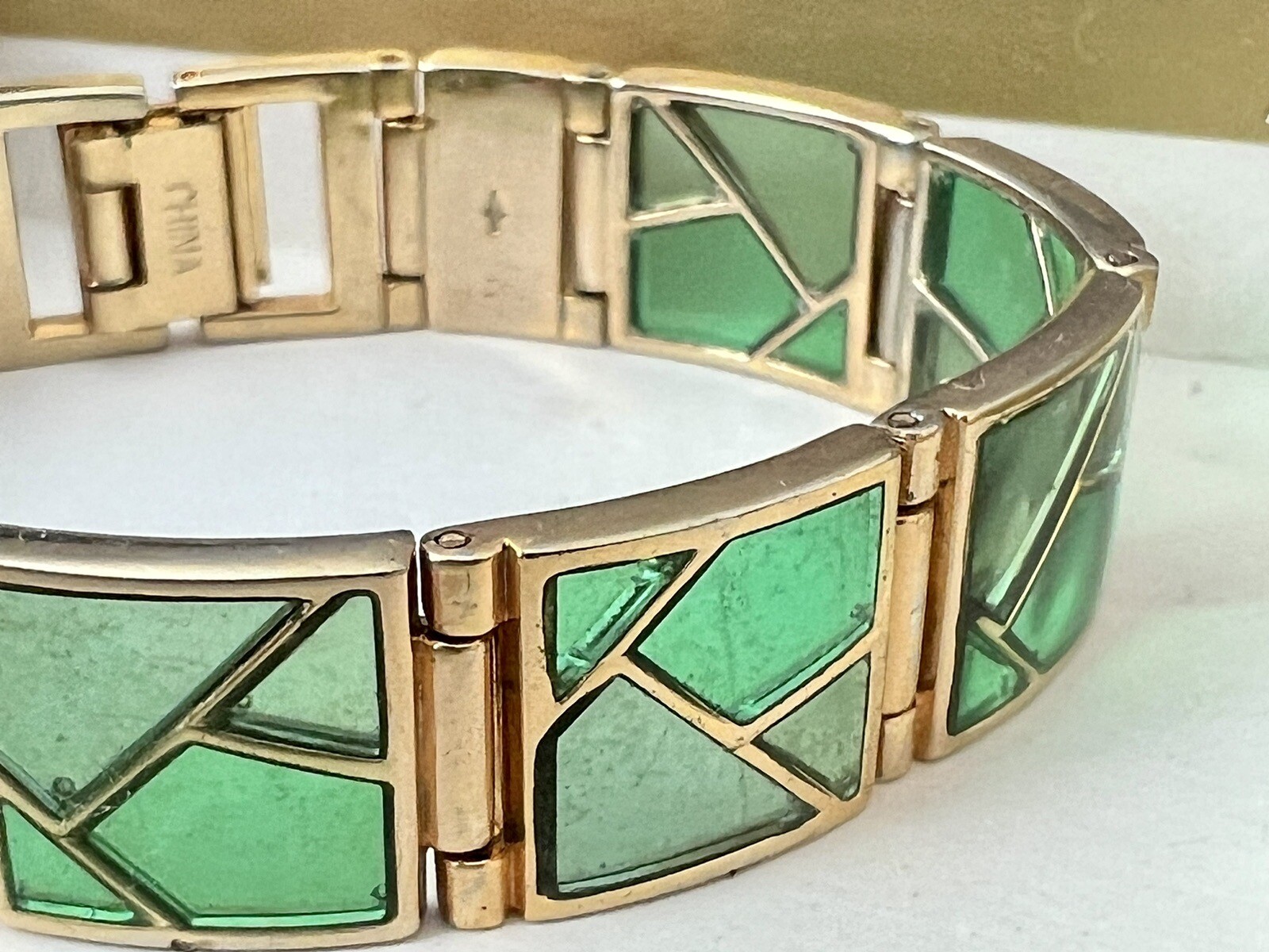 Gold Tone Green Stained Glass Art Deco Bracelet - Gem