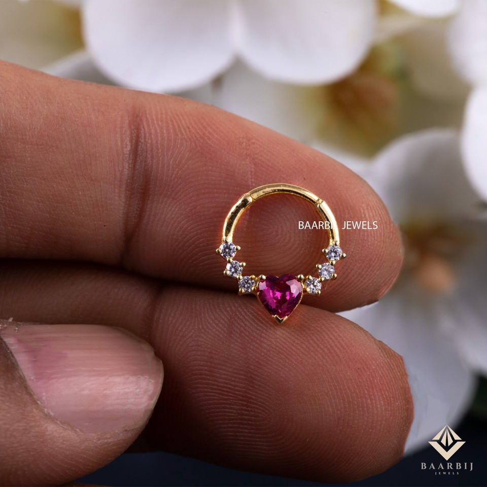 Ria 14K Septum Nose Ring in Gold with Heart Pink Diamond Clicker Daith Piercing | eBay