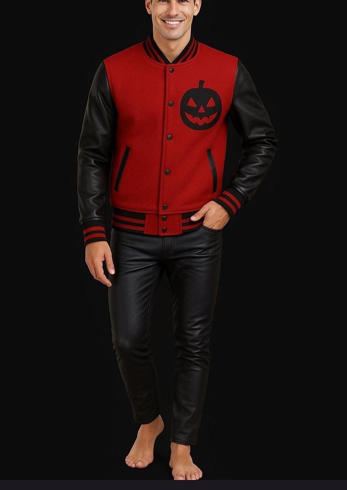 Letterman Handmade Halloween Red Wool Varsity Jacket With Black Leather ...