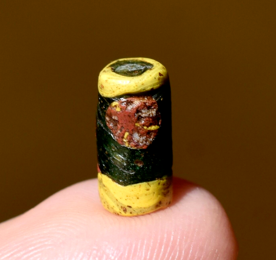 Ancient Dark Green Wound Bead Yellow End Stripes Cane Inserts Mali ...