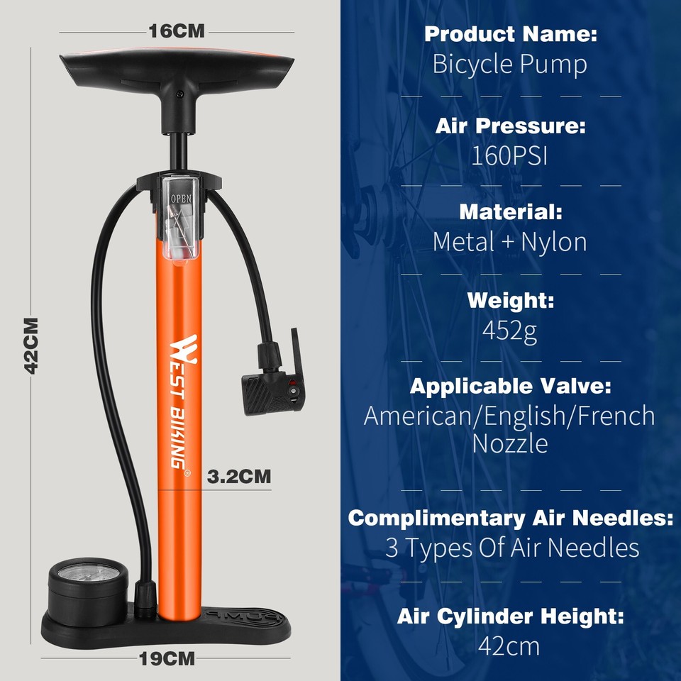 WEST BIKING Bicycle Floor Pump Ball Pump Bike Inflator with Gauge ...