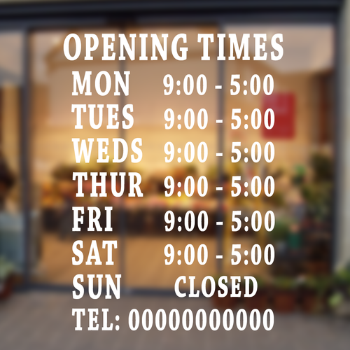 Opening Times Sign, Vinyl Shop Window Sign Sticker Decal, Custom Shop ...