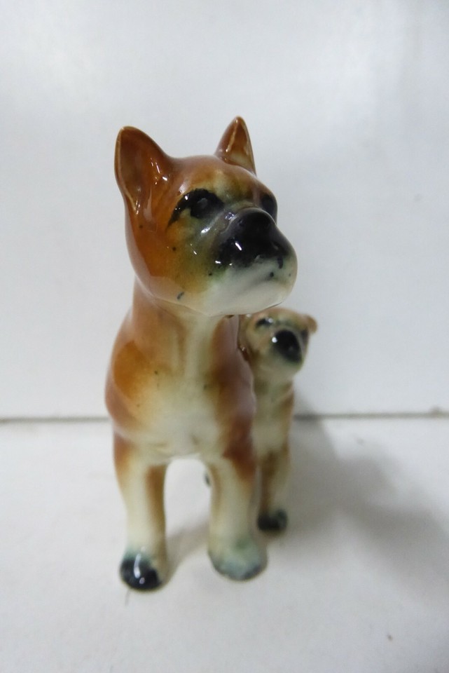 VINTAGE LILY WARE BOXER DOG AND PUPPY STATUE PORCELAIN CHINA FIGURINE ...