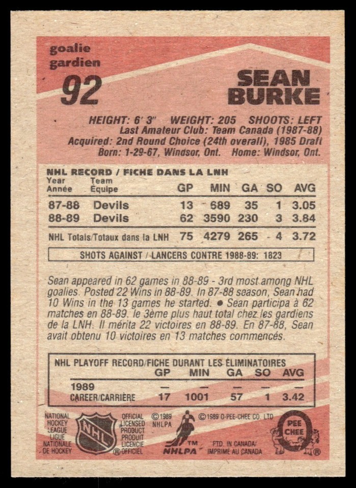 1989-90 O-Pee-Chee Sean Burke New Jersey Devils #92 | eBay