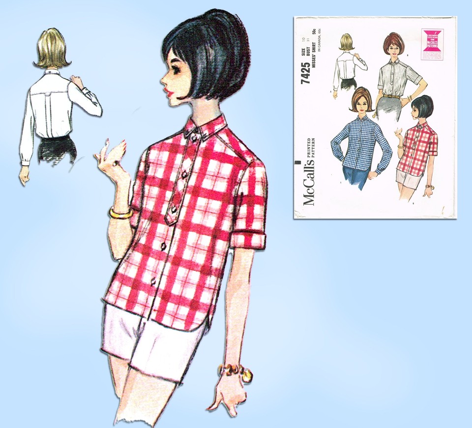 McCall's 7425: 1960s Cute Misses Boyfriend Blouse Sz 31 B Vintage ...