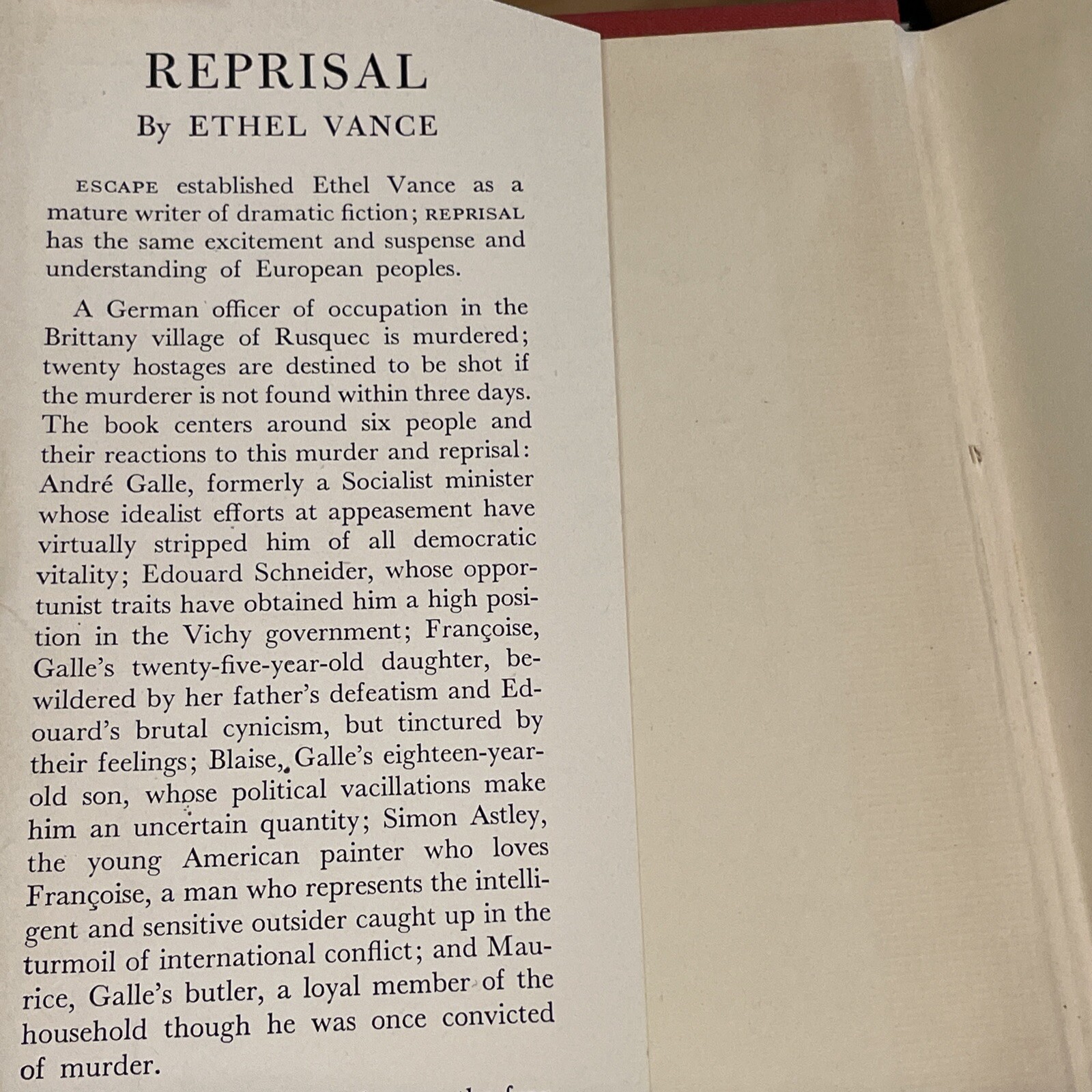 THE REPRISAL by Ethel Vance 1943 Novel - WWII HC DJ 1st Ed | eBay
