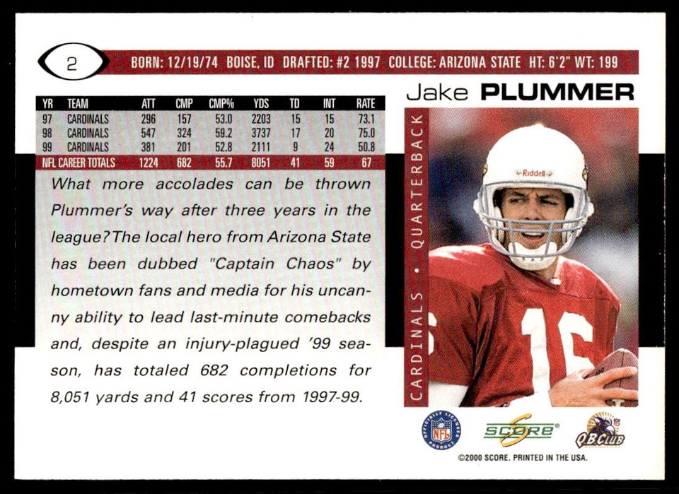 2000 Score 2 Jake Plummer Arizona Cardinals Football Card | eBay