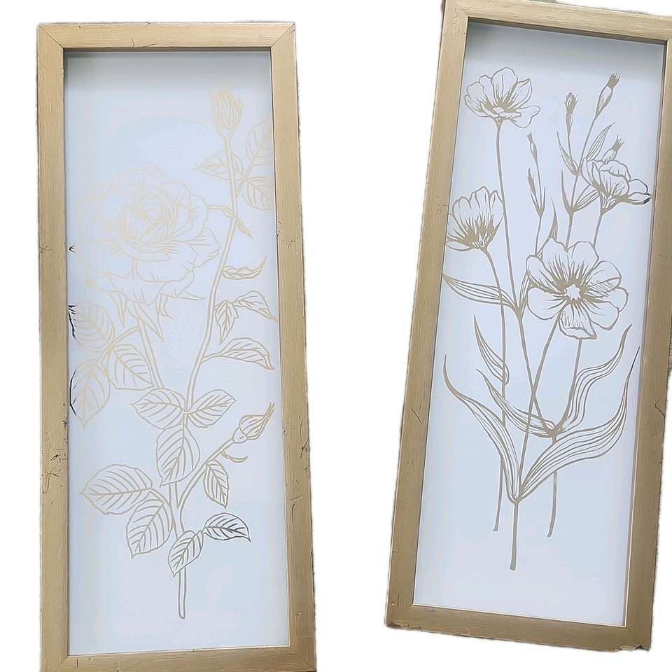 Set of 4 Gold Framed Floral Wall Plaques Flowers Wood Glass Decorative ...