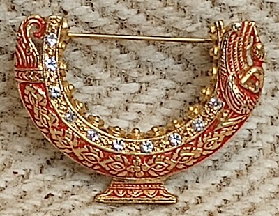 Thai Gong Mon Red Enameled Musical Instrument Pin Brooch Gold Plated ...